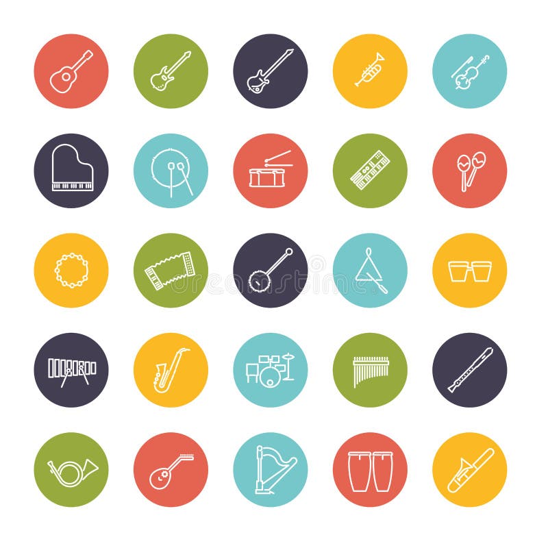 Musical Instruments Circular Flat Design Vector Icons Collection Stock ...
