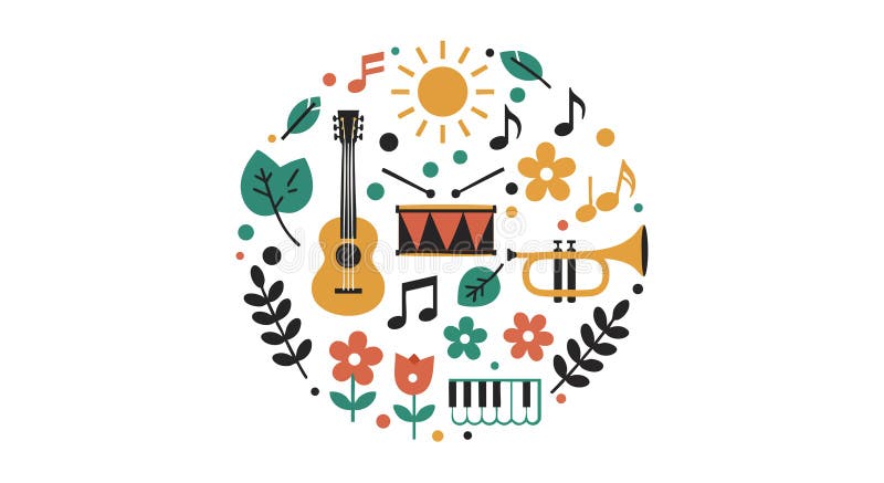 Musical Instruments and Nature Elements with Sun and Notes Vector ...