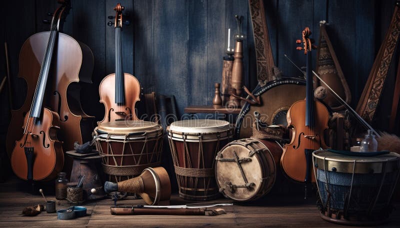 Musical Instruments of Old Cultures on Table Generated by AI Stock ...