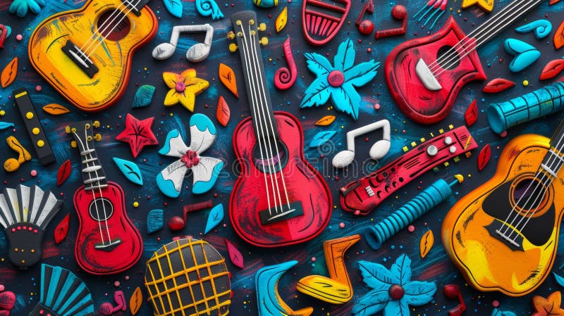 Musical Instruments Pattern, Vibrant Hand-drawn Ukulele, Harmonica, and ...