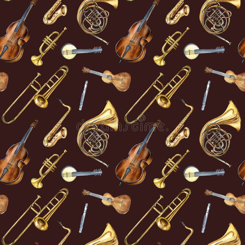 Musical Instruments Seamless Pattern Watercolor Isolated on Dark. Stock ...