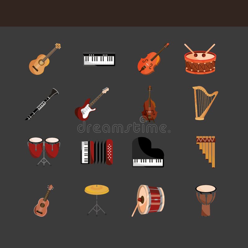 Musical Instruments String Wind Percussion Icons Set Dark Background ...