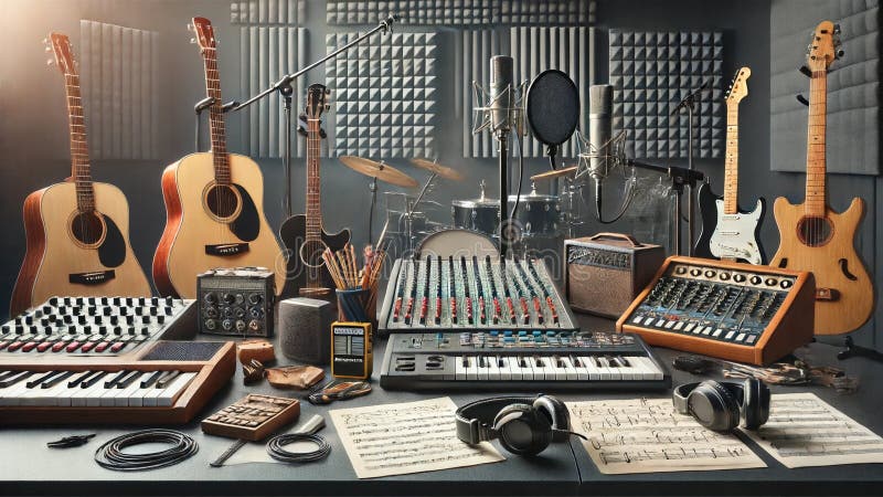 Musical Instruments and Tools on a Studio Table: Guitar, a Keyboard ...