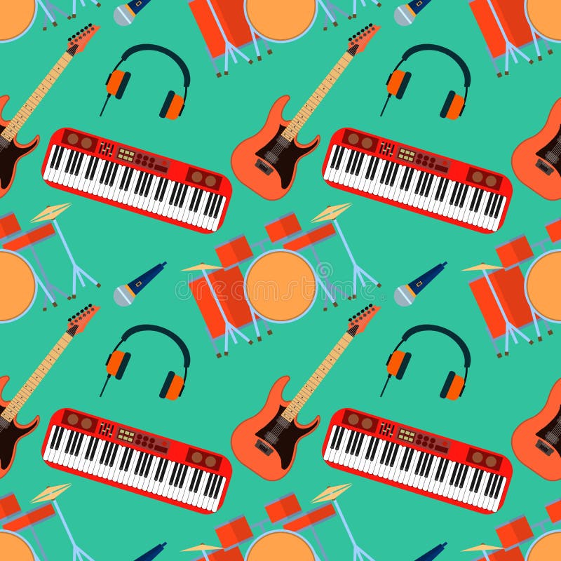 Musical Instruments Vector Seamless Pattern. Guitar Synthesizer, Drum ...