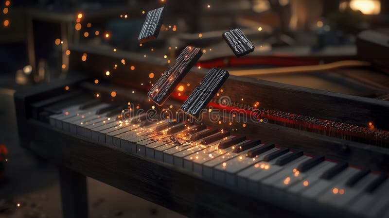 Musical Magic Floating Notes and Sparks Above a Grand Piano in an ...
