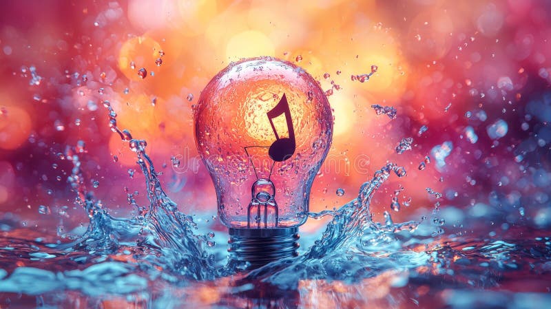 Musical Note Light Bulb Splashing in Water Against a Vibrant Backdrop ...