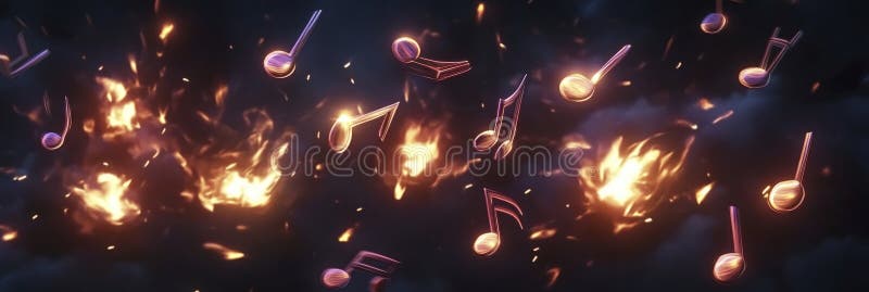Musical Notes Dance in Fire-lit Celestial Landscapes Stock Illustration ...