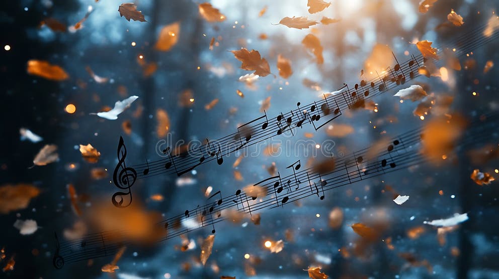 Musical Notes Blend with Autumn Leaves in a Serene Forest Setting Stock ...
