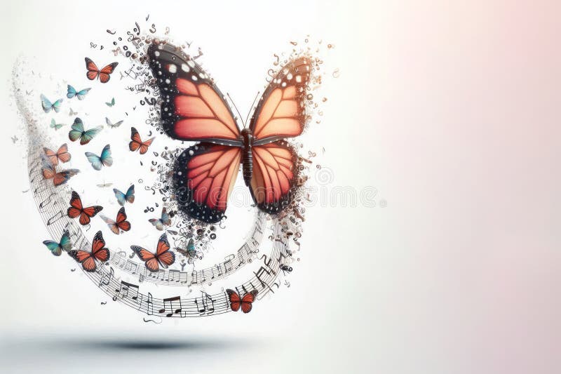 Musical Notes and Butterflies in Flight. Space for Text. Stock Photo ...