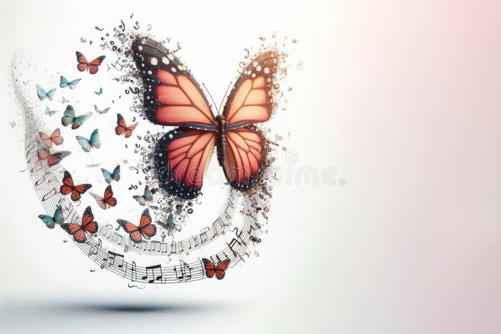 Musical Notes and Butterflies in Flight. Space for Text. Stock Photo ...