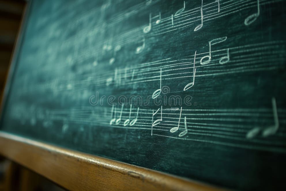 Musical Notes are Drawn with Chalk on a School Blackboard, Creating a ...