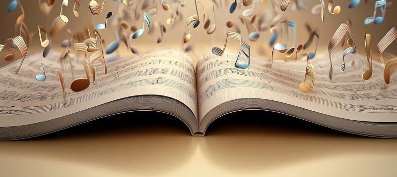 Musical Notes Flowing Down Onto a Open Book with Blank Pages on Sepia ...
