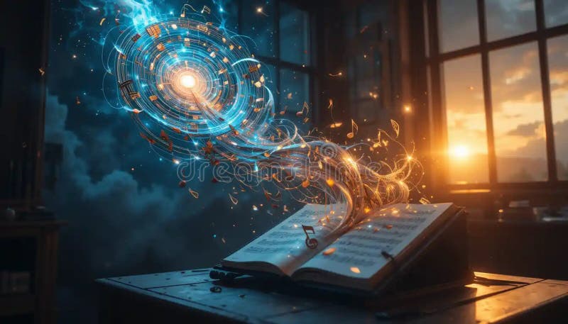 Musical Notes Flowing from Open Book with Glowing Light Effect Stock ...