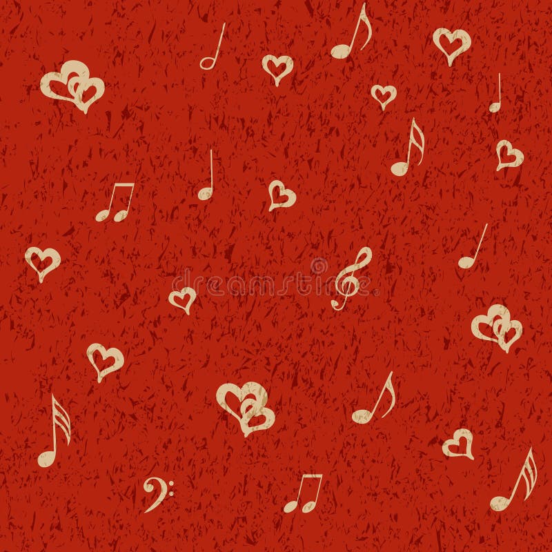 Musical Notes and Hearts on Red Grunge Background. Stock Vector ...