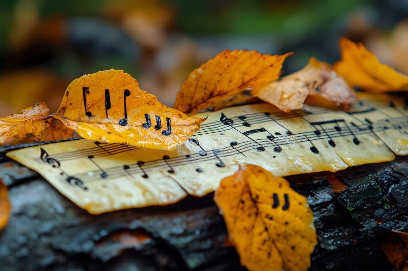 Musical Notes on a Log Decorated with Autumn Leaves Stock Illustration ...