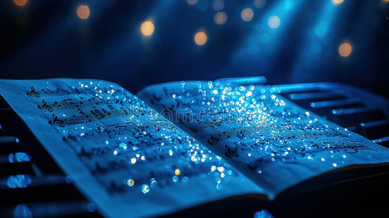 Musical Notes on Open Sheet Music with Sparkling Lights and Blue ...