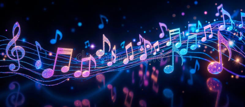 Musical Notes Overlay on Black Background with Glowing Lights and ...
