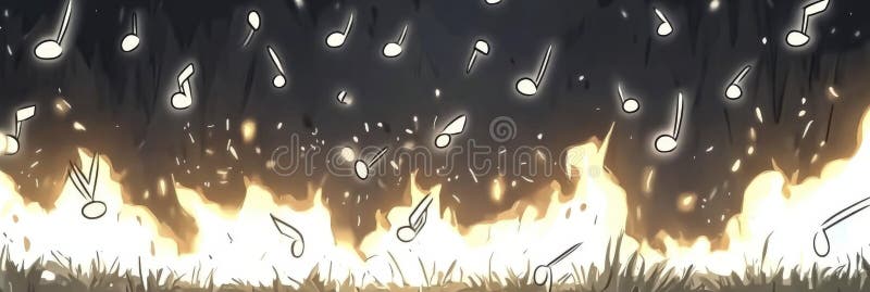 Musical Notes Rain Down from Stormy Sky on Fiery Field Stock ...