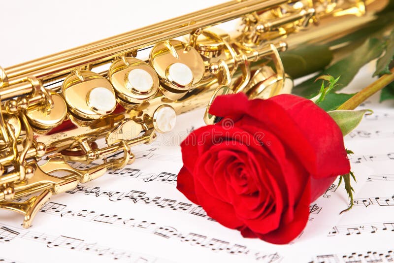 Red Rose, Saxophone and Music Sheet Stock Photo - Image of detail ...