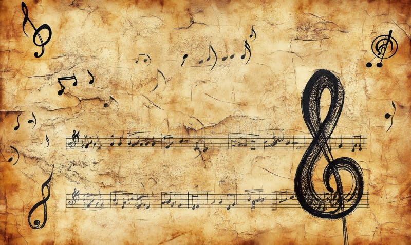 Musical Notes and Sheet Music on Aged Parchment Background, Featuring ...
