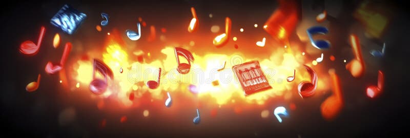 Musical Notes and Sheet Music Amid Fiery Explosion Stock Illustration ...