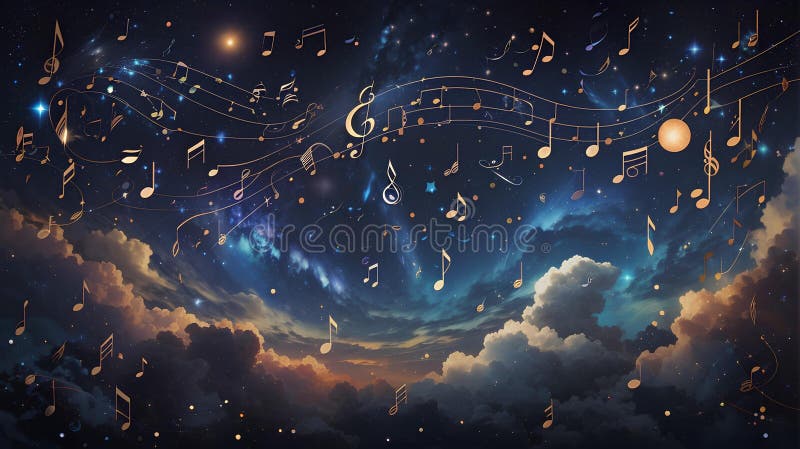 Musical Notes in Space with Clouds and Stars Stock Image - Image of ...