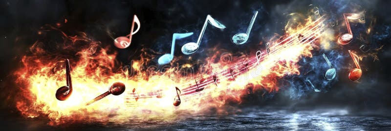 Musical Notes Stream Amid Fiery Dance of Flames Stock Illustration ...