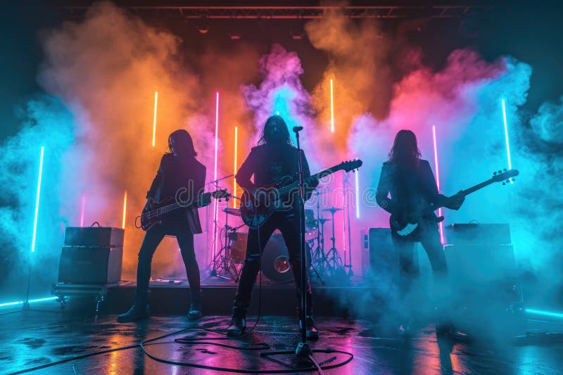 Musical Rock Band on Stage in Neon Light and Smoke Stock Photo - Image ...