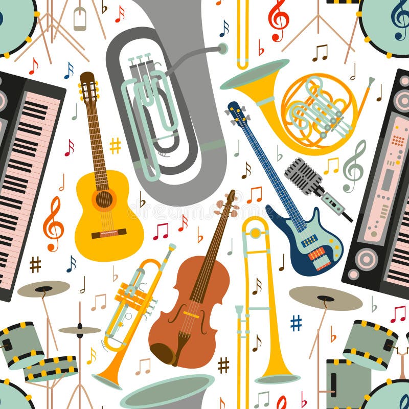 Musical Seamless Pattern Made of Different Musical Instruments, Treble ...