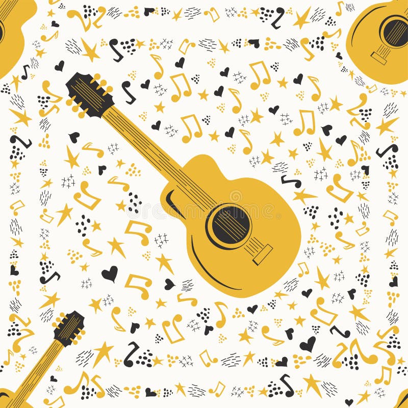 Musical Seamless Pattern with Music Notes, Guitar. Hand-drawn Country ...
