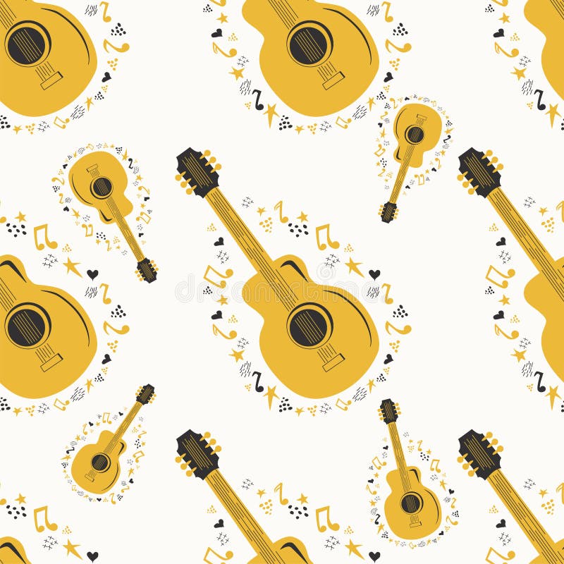 Musical Seamless Pattern with Music Notes, Guitar. Hand-drawn Country ...