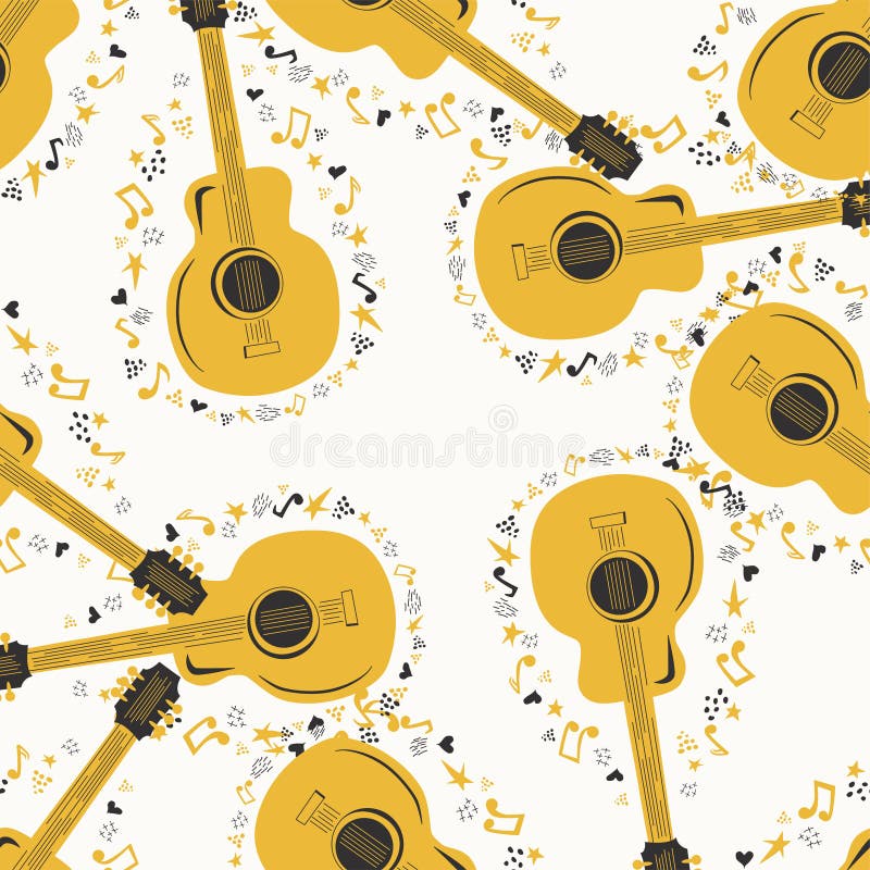 Musical Seamless Pattern with Music Notes, Guitar. Hand-drawn Country ...