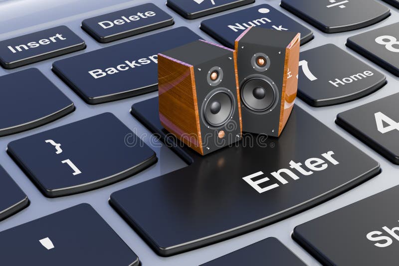 Musical Speakers on Laptop Keyboard. 3D Rendering Stock Illustration ...