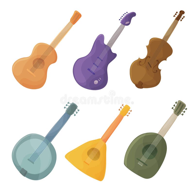Musical Stringed Instruments in Cartoon Style Guitar, Violin, Balalaika ...