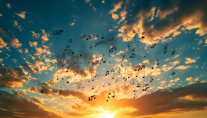 Musical Symbols in a Beautiful Sunset Sky with Clouds Stock Image ...