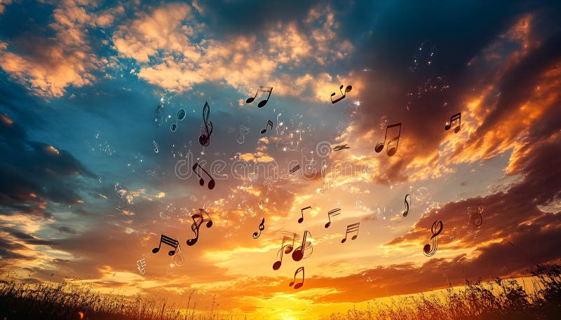 Musical Symbols in a Beautiful Sunset Sky with Clouds Stock Image ...