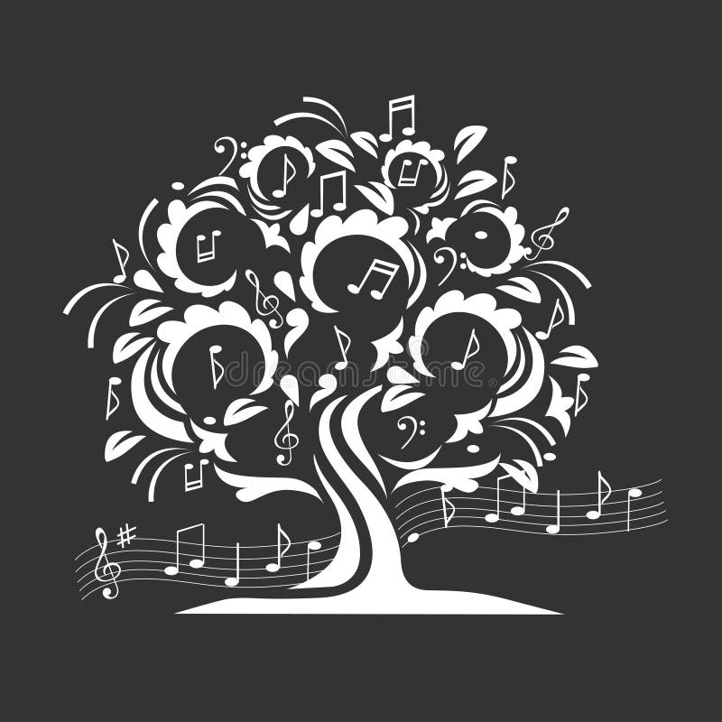 A Musical Tree with Curls and Notes Stock Vector - Illustration of ...