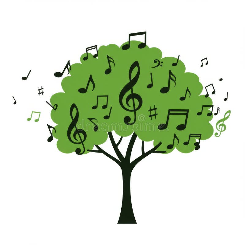 Musical Tree with Green Leaves and Black Music Notes on White ...