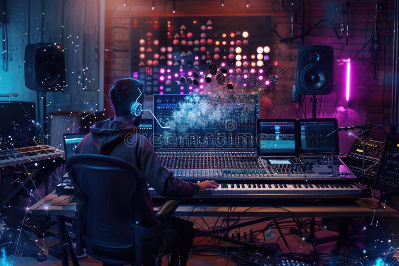 Musician and AI Figure Composing in High-Tech Studio AIG60 Stock Photo ...