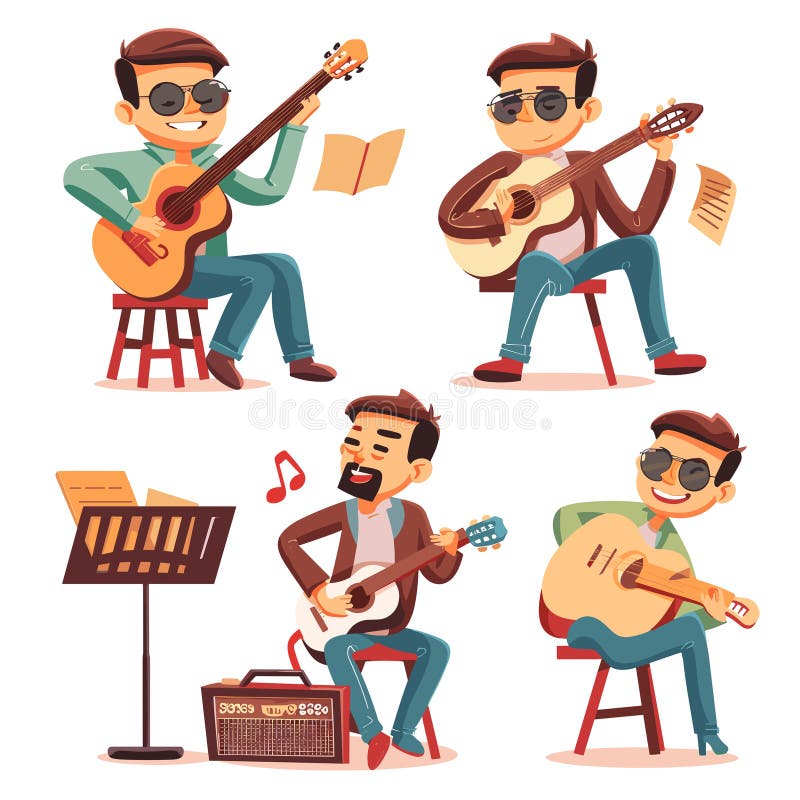 Musician Cartoon Character Playing Guitar, Singing, Playing and Singing ...