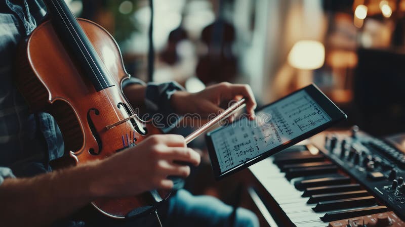 A Musician in a Classical Music Studio Playing Violin while Reading ...