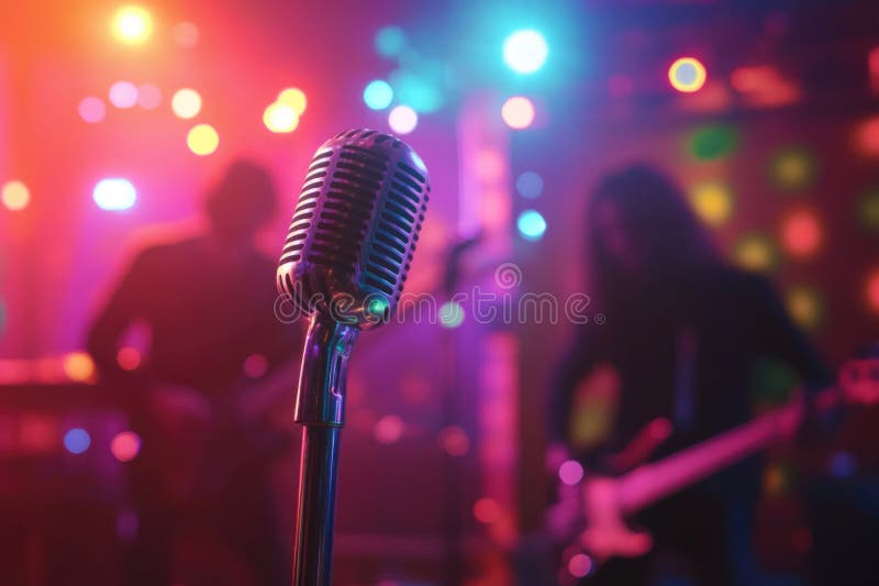 A Musician Holding a Microphone on Stage with a Band in the Background ...