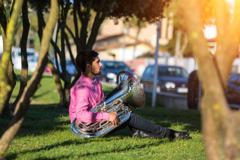 Musician Instrumentalist with the Tuba. Stock Image - Image of play ...