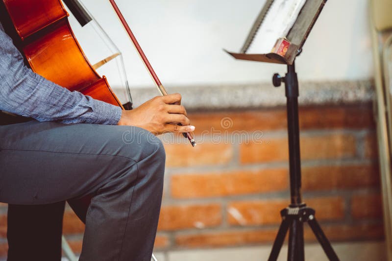 Musician Playing Cello with Musical Notes on the Book Notation Stand in ...