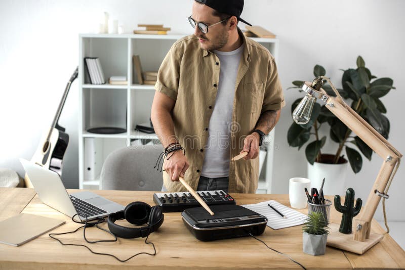 Musician Playing on Drum Pad Stock Image - Image of composer, people ...