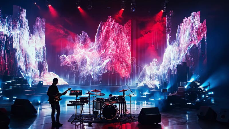 Musician Playing Electric Guitar on Stage with Drummer, Colorful Light ...