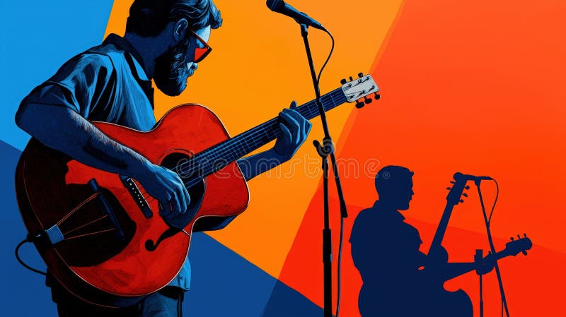 Musician Playing Guitar on Stage with Colorful Geometric Backdrop ...