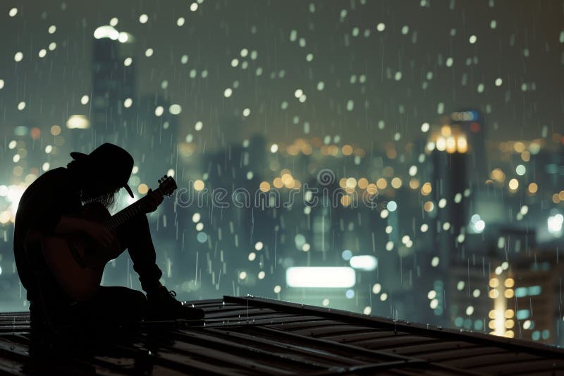 Musician on Rooftop, City Skyline Blurred by Sheets of Rain Stock ...