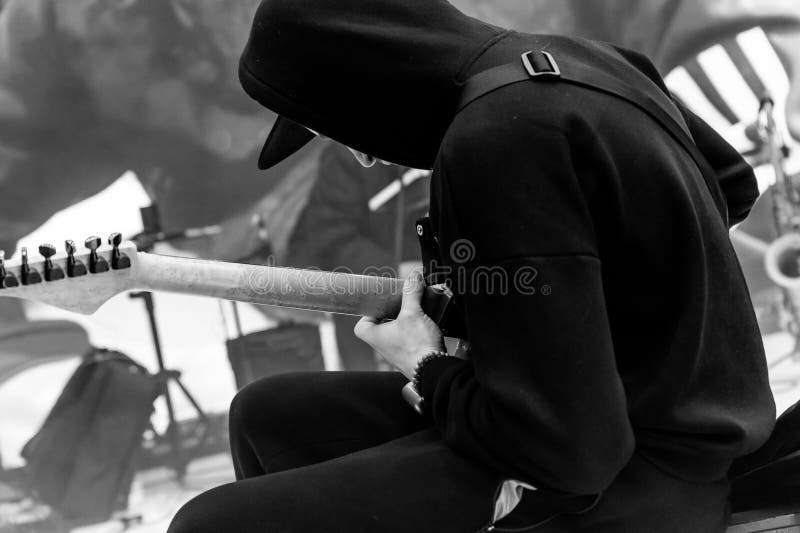 Musician Stage Guitar Preparing Performance Trial Training Stock Photo ...