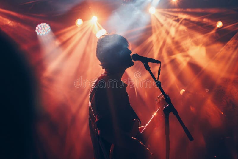 A Musician is Standing in Front of a Microphone on a Stage in a Dimly ...